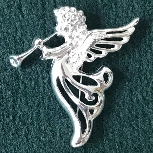 Vintage | Jewelry | Vintage Guardian Angel Trumpet Brooch Pin Silver ...